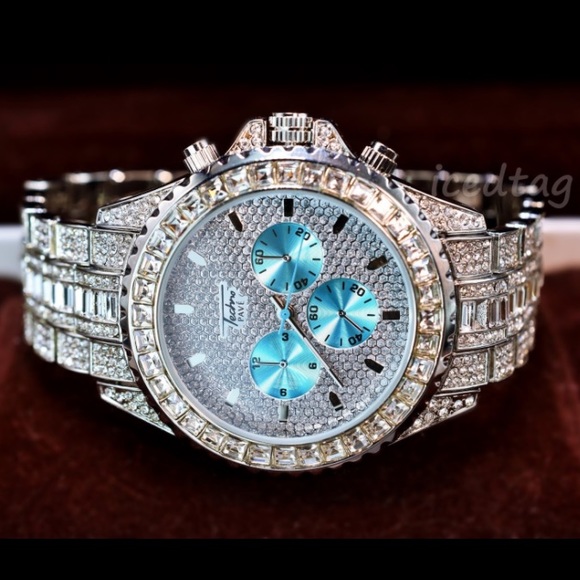 Accessories | Full Iced Out Chronograph Stylish Aqua Face Watch | Poshmark